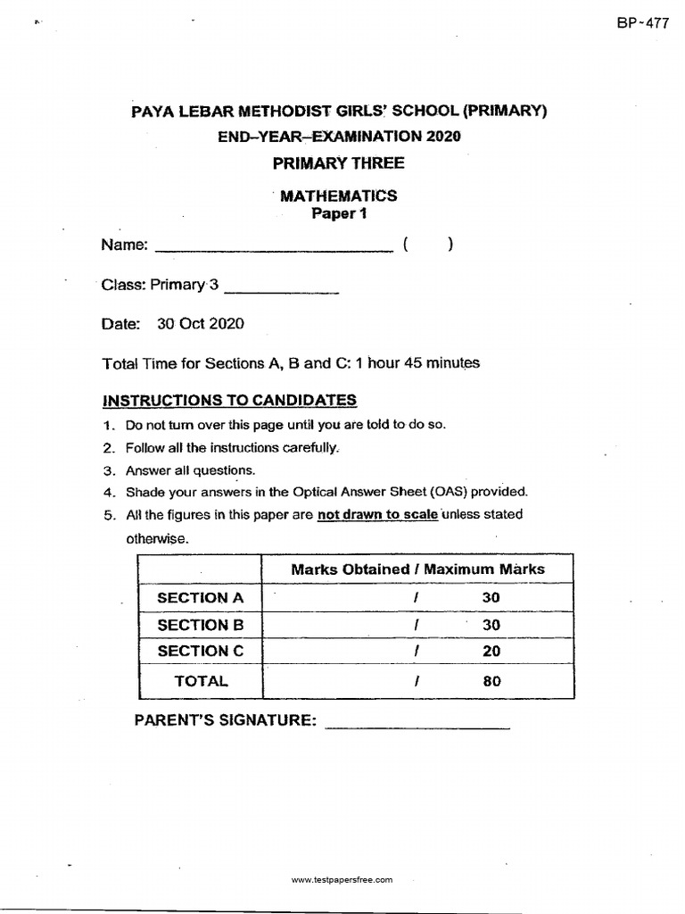 P3 Maths 2020 SA2 Payalebarmethodist | PDF