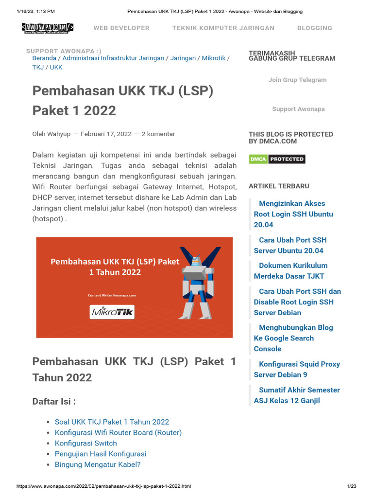 Pembahasan UKK TKJ (LSP) Paket 1 2022 - Awonapa - Website Dan Blogging | PDF