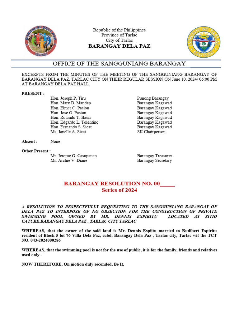 2024-0026 Resolution For No Objection Constructiojn of Swimming Pool | PDF