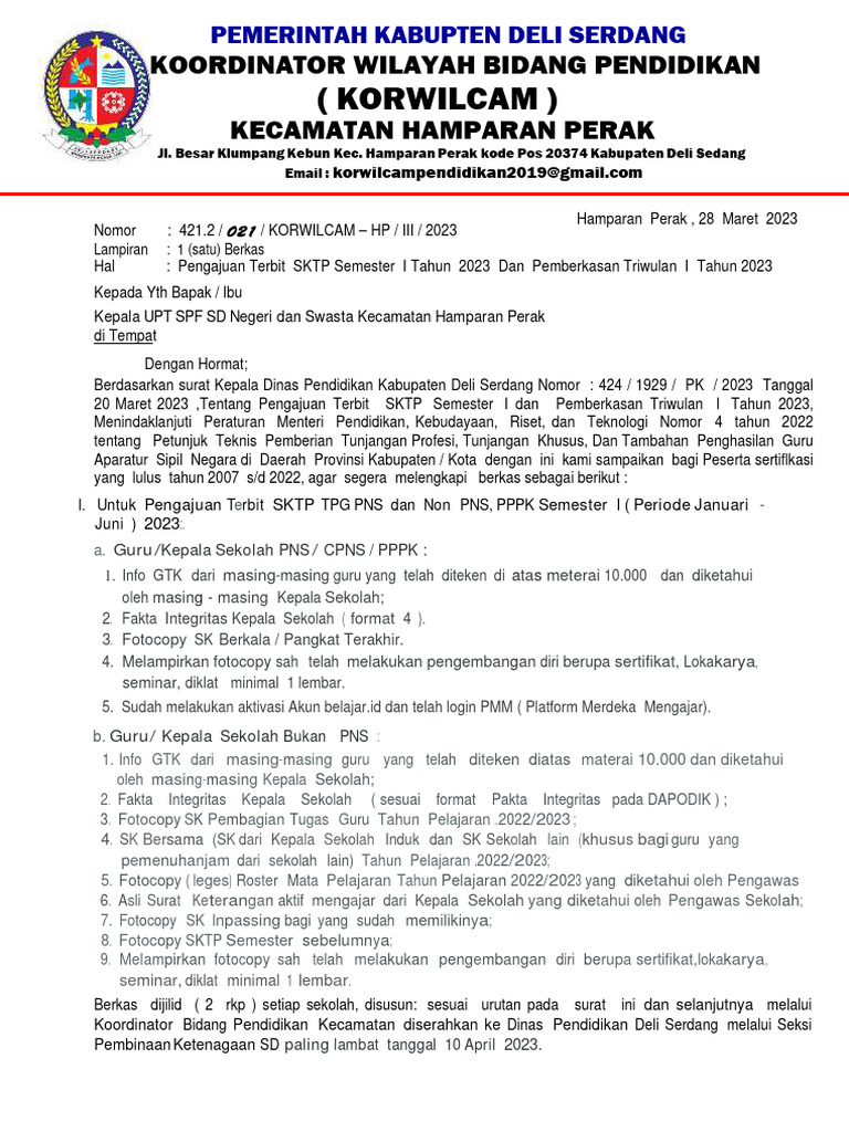 Se. Berkas Pengajuan SKTP Dan Pemberkasan TPG Sem I TW I 2023 | PDF