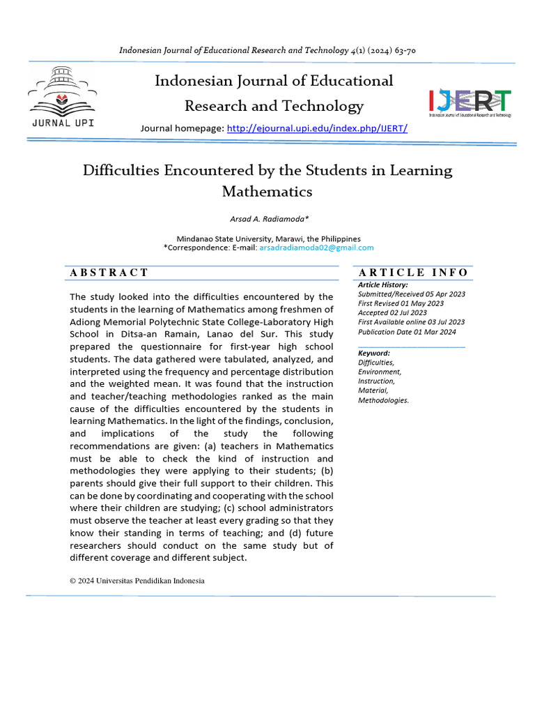 Difficulties Encountered By The Students In Learning Mathematics PDF
