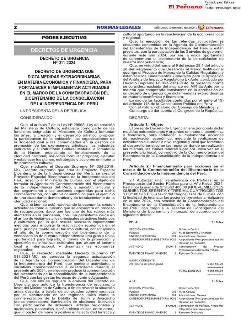 Decretos de Urgencia: Normas Legales | PDF | Perú | Gobierno