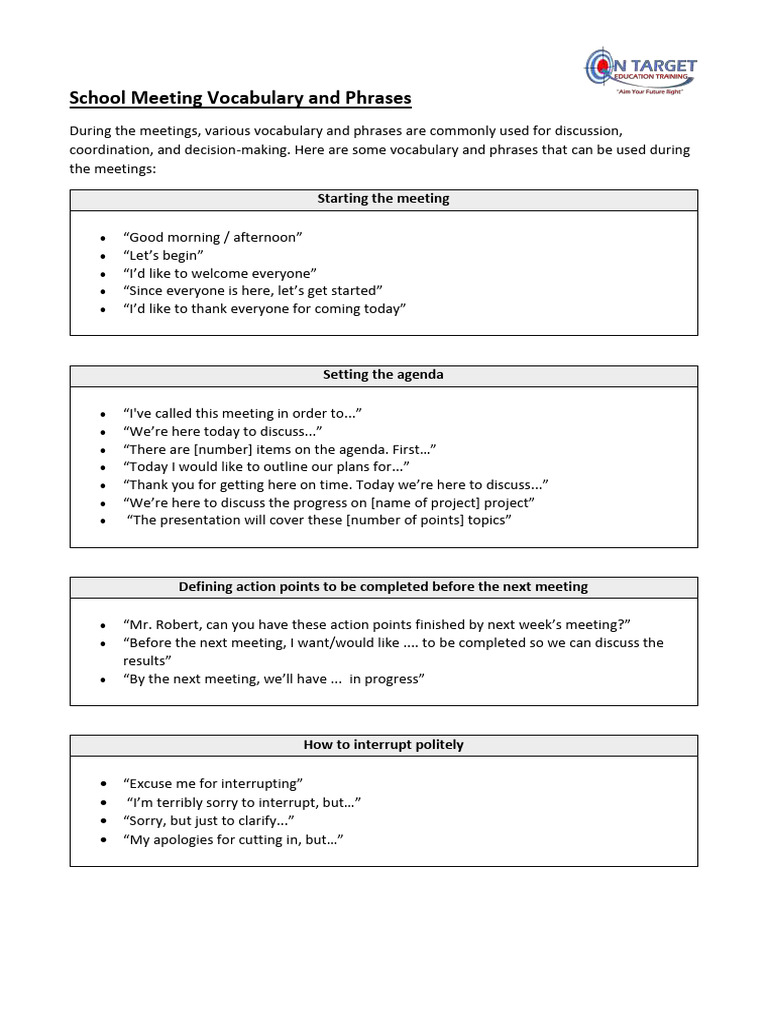 School Meeting Vocabulary Guide | PDF