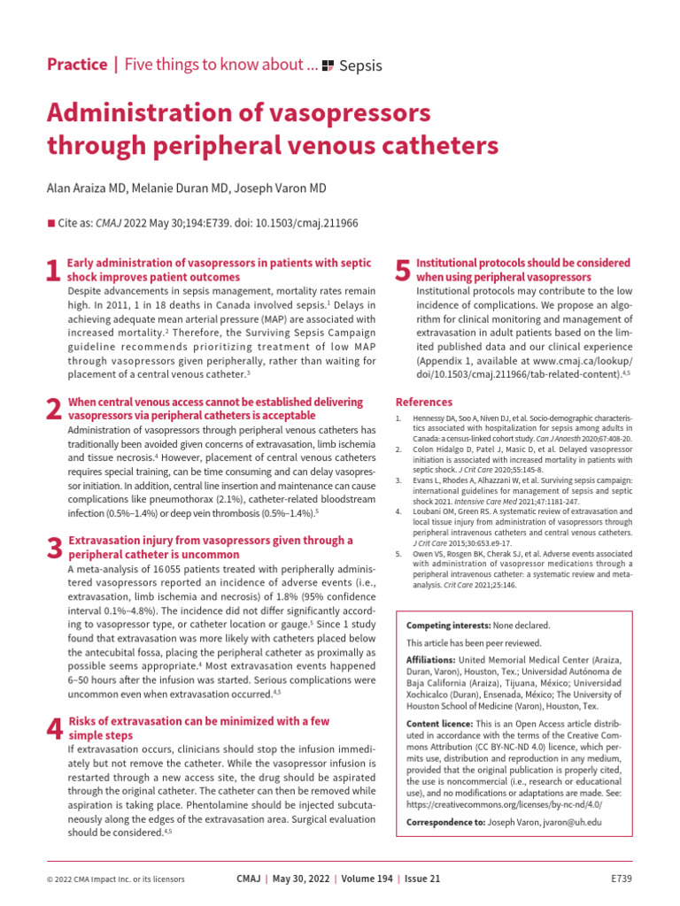 Administration of Vasopressors Through Peripheral Venous Catheters | PDF | Sepsis | Intravenous ...