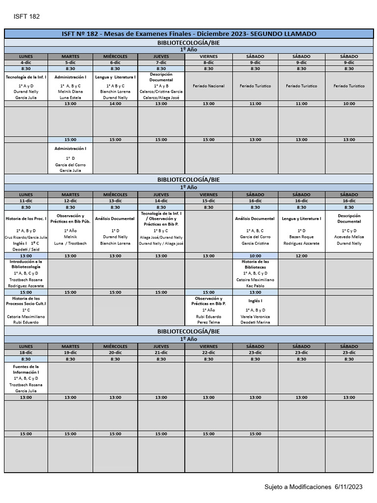 Mesas de Examenes - Nov - Dic 2023 - Biblio - Bie. 2° Llamado - Definitivo | PDF | Science ...