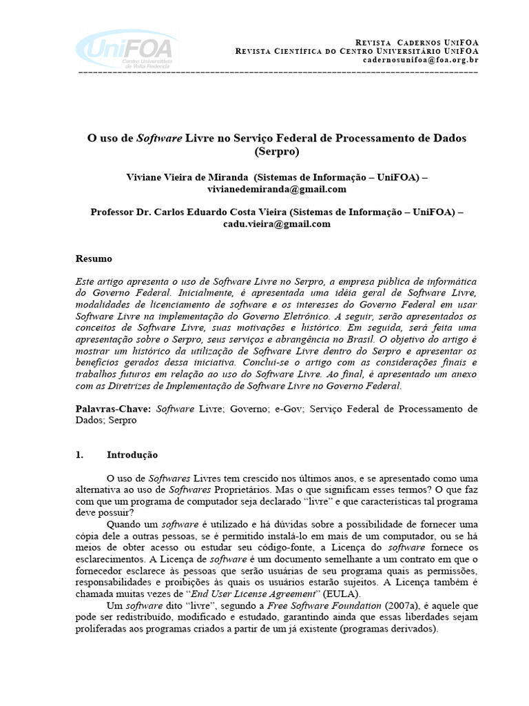O Uso de Software Livre No Serpro | PDF | Software gratuito | Programas