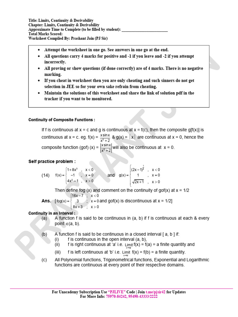 Worksheet - 5 Continuity of Composite Functions, IVT | PDF | Continuous Function | Function ...