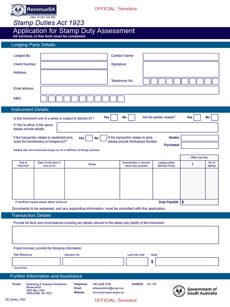 Stamp Duty Assessment Application Form | PDF | Taxes | Government Finances