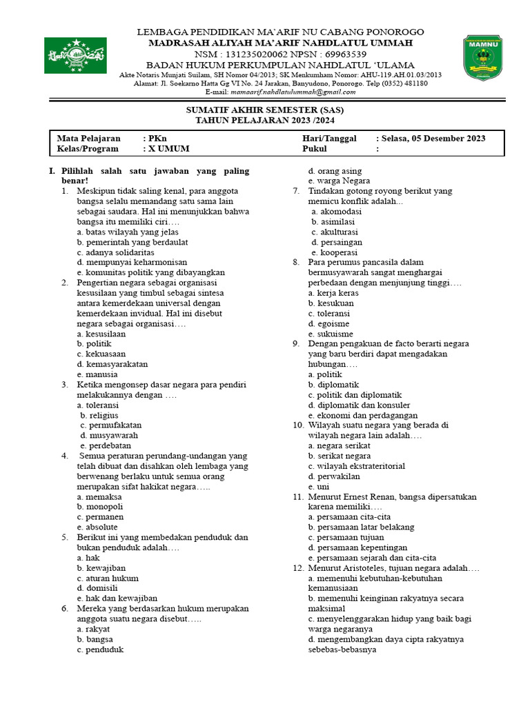 Soal PKN Kelas X Kumer Ganjil 2023 | PDF