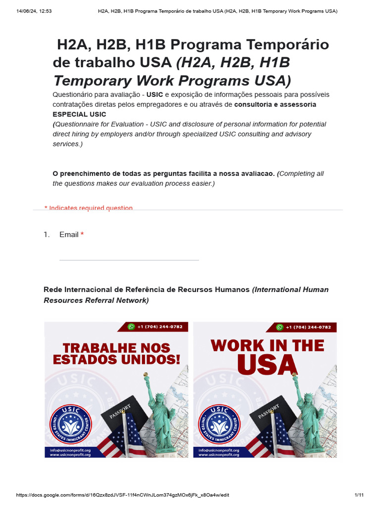 H2A, H2B, H1B Programa Temporário de Trabalho USA - Google Forms | PDF ...