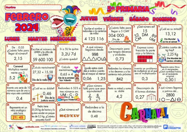 5° Febrero 2024 Calendario Matematico Actiludis | PDF