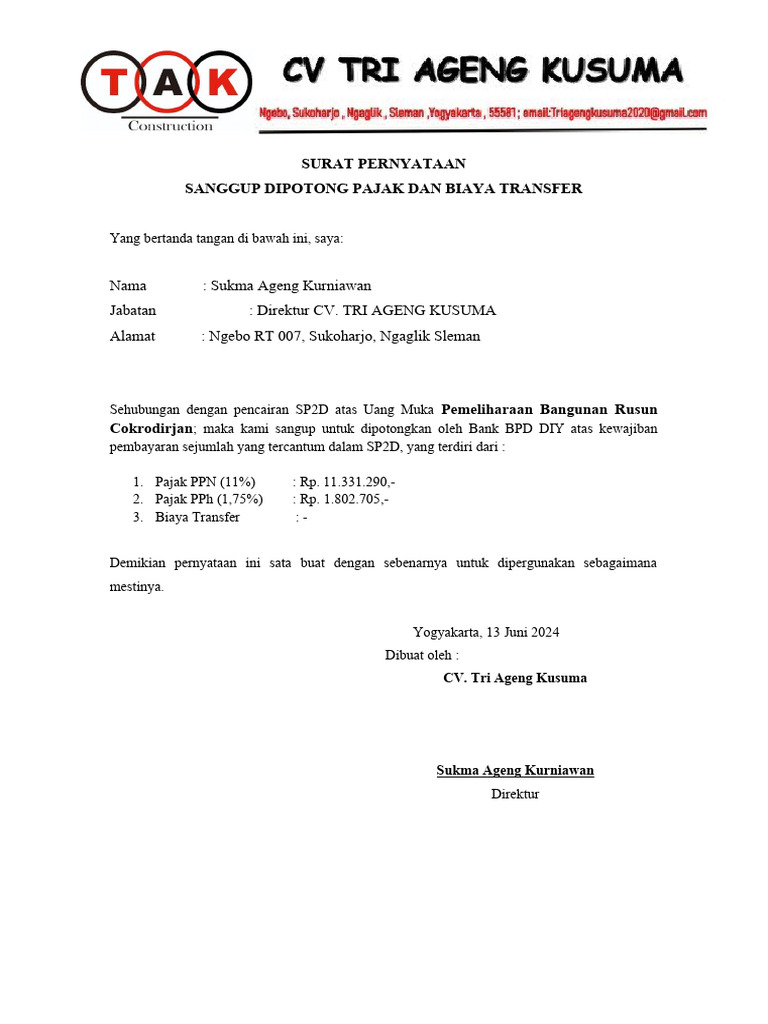 Surat Pernyataan Sanggup Dipotong Pajak | PDF
