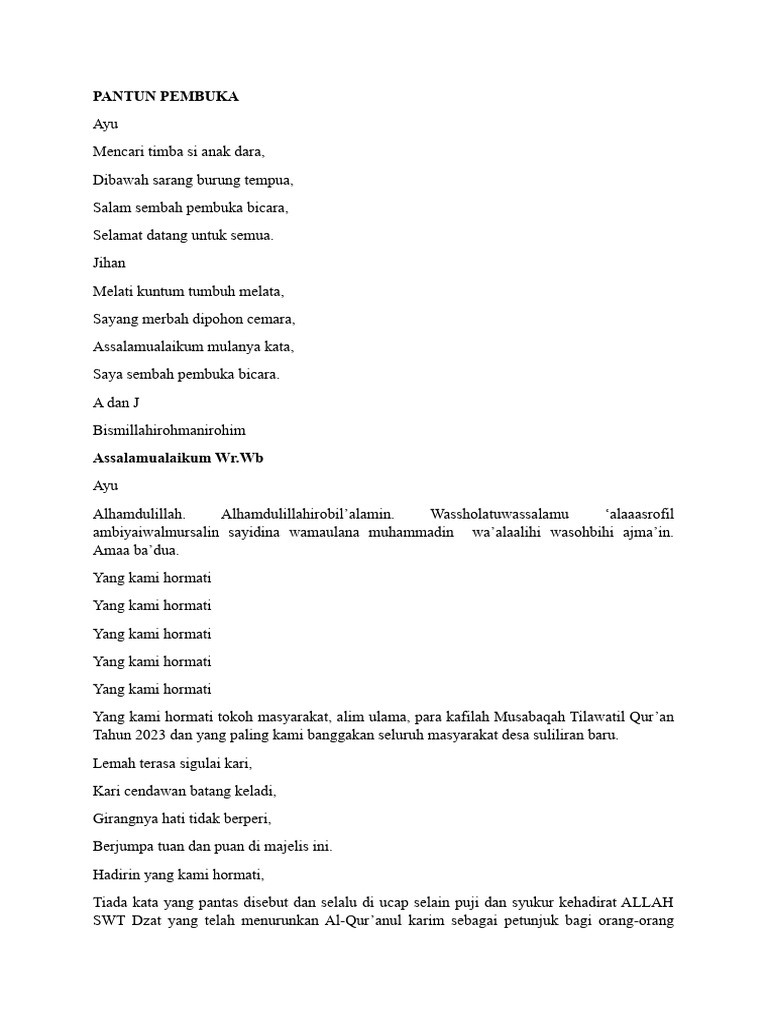 Teks MC Pembukaan MTQ | PDF