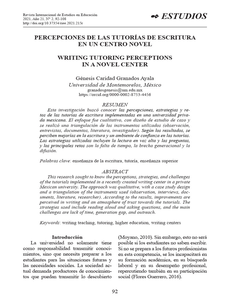Estudios: Percepciones de Las Tutorías de Escritura en Un Centro Novel Writing Tutoring ...