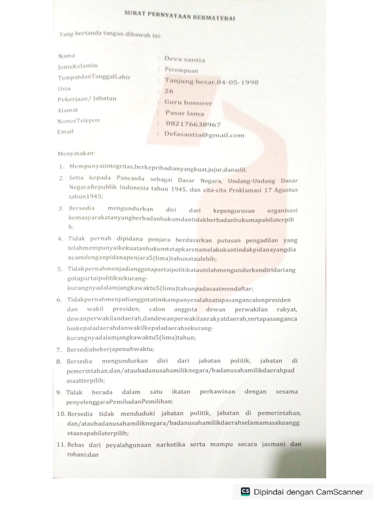 Surat Pernyataan Deva | PDF