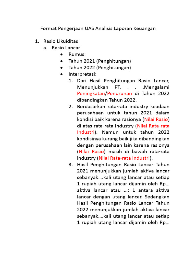 Format Pengerjaan UAS Analisis Laporan Keuangan | PDF