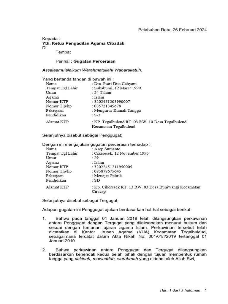 Contoh GUGATAN CERAI | PDF