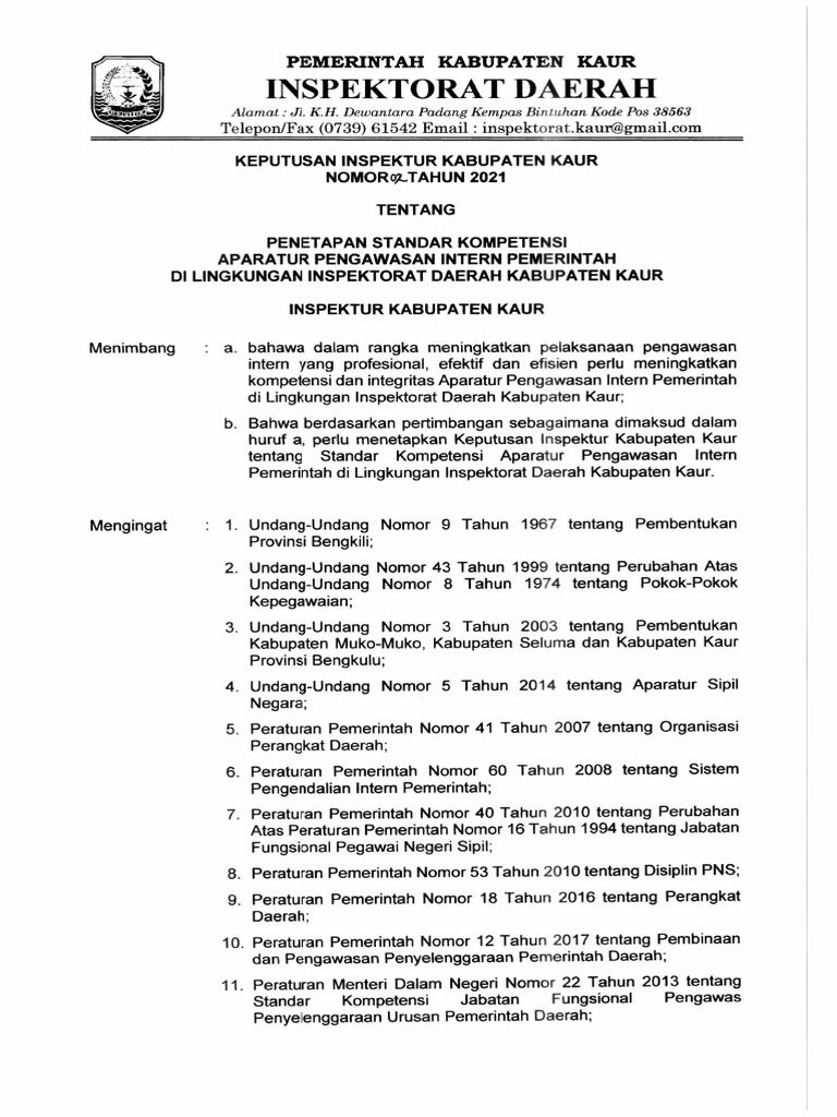 Penetapan Standar Kompetensi Apip Dilingkungan Inspektorat | PDF
