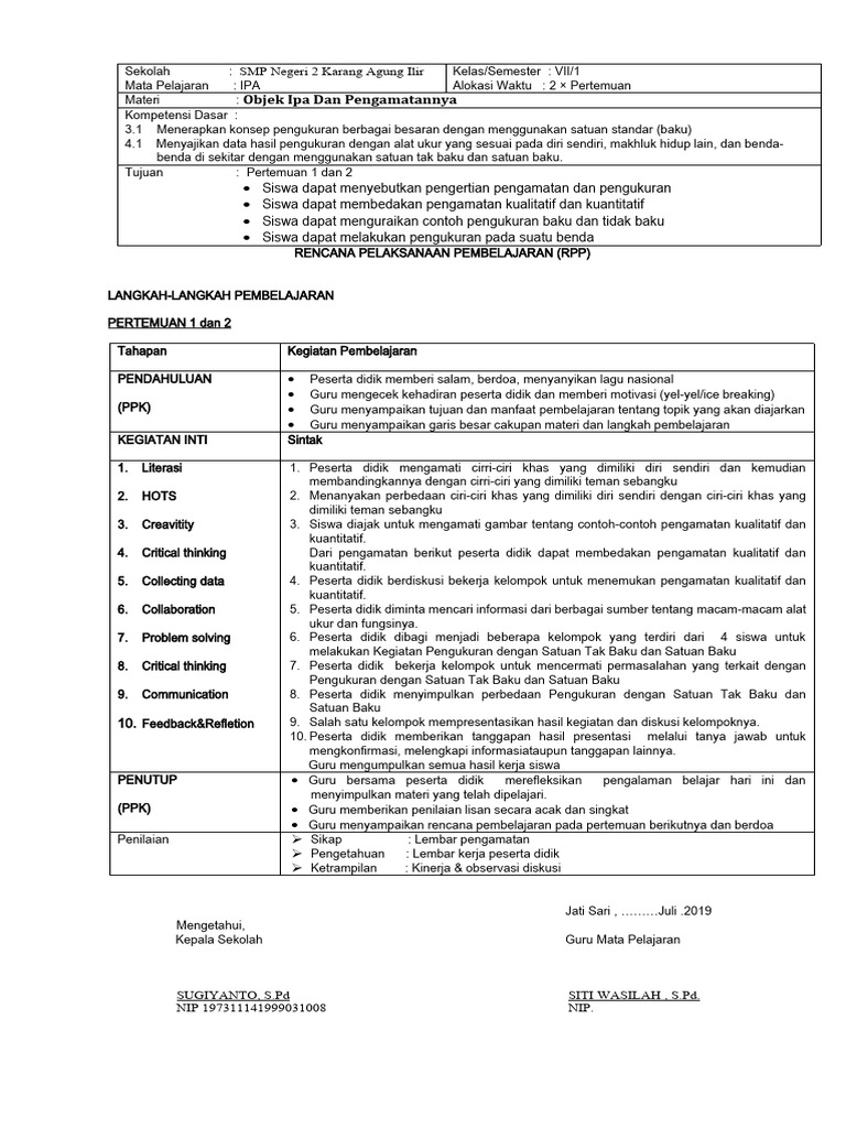 RPP Ipa Kelas 7, 2020 | PDF