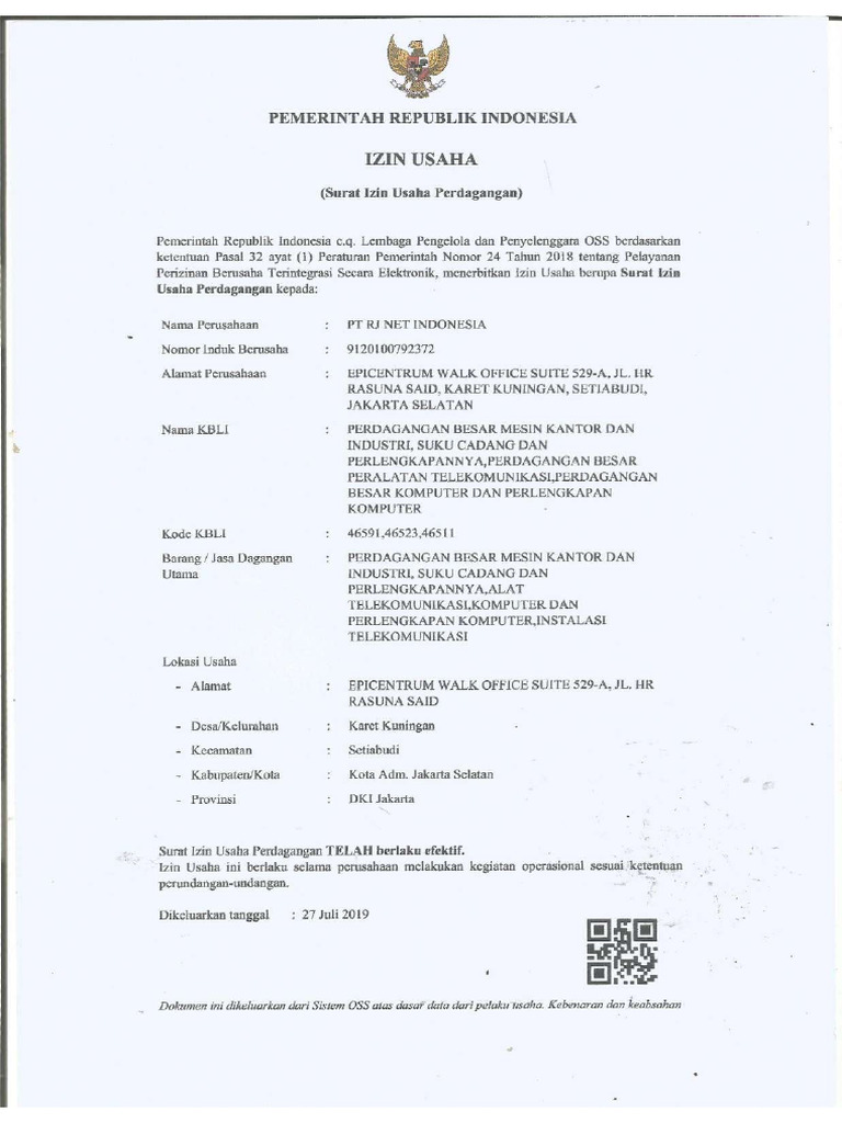 Izin Usaha (Siup) Pt. RJ Net 001 | PDF