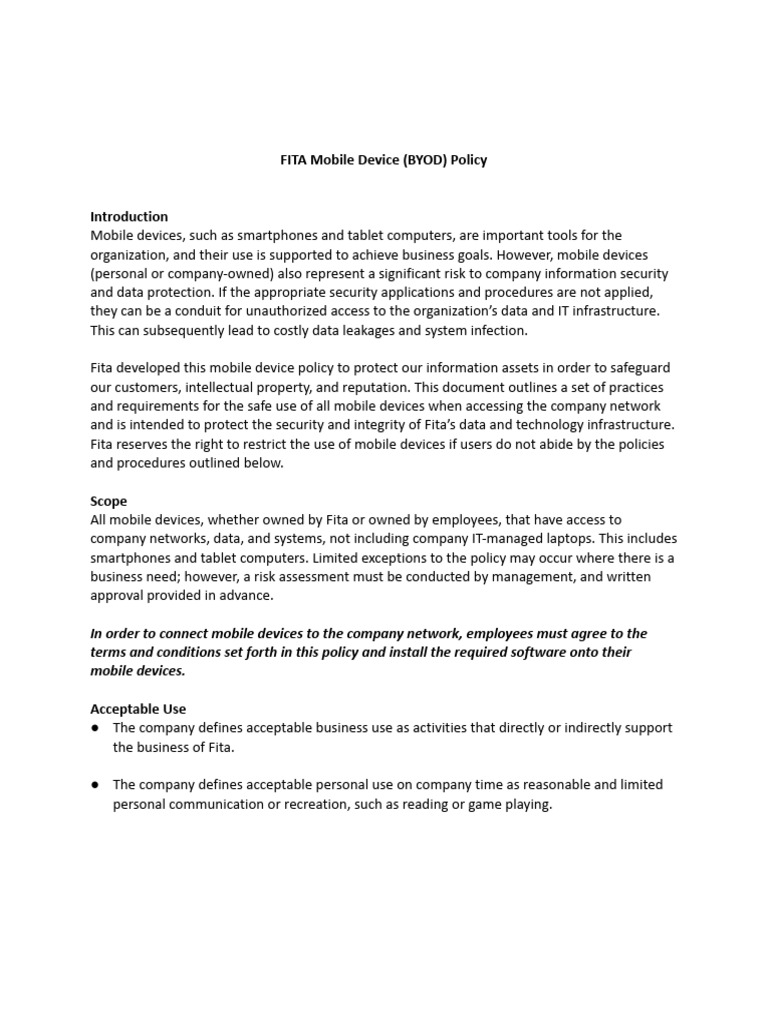 FITA Mobile Device (BYOD) Policy | PDF | Mobile App | Computer Security