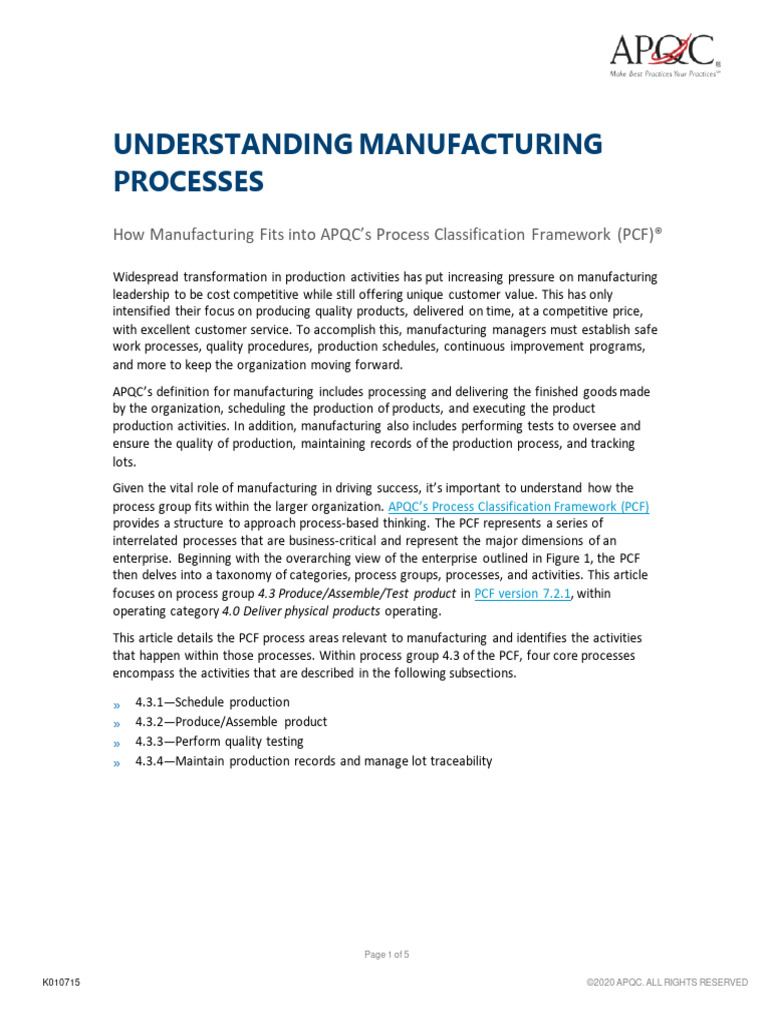 K010715 - SCM - Understanding Manufacturing Processes | PDF | Calibration | Benchmarking