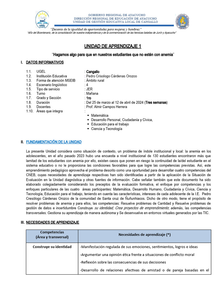 D.unidad de Aprendizaje 1-Propuesta-DPCC 2024 | PDF | Evaluación | Aprendizaje