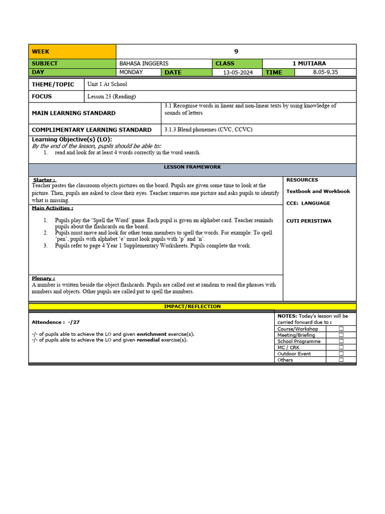 Year 1 English Week 9 | Download Free PDF | Teachers | Cognitive Science