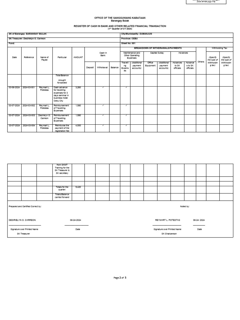 SK Bulak ANNEX D Sample Register of Cash in Bank RCB and Other Related Financial Transactions ...