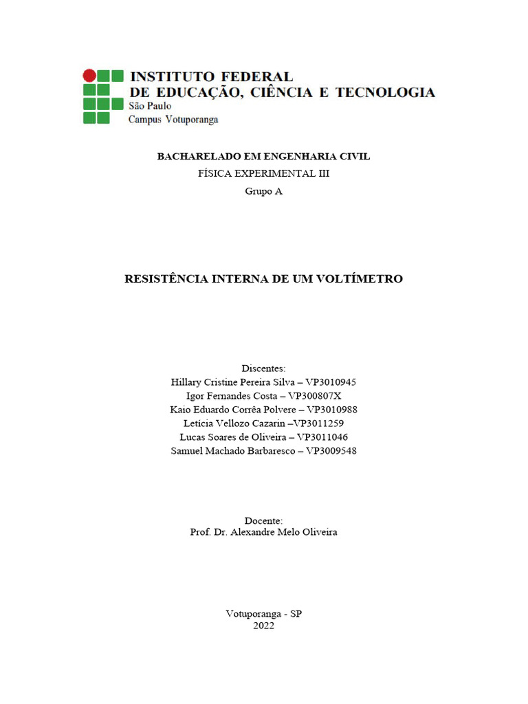 Resistência Interna de Voltímetro | PDF | Resistência elétrica e ...