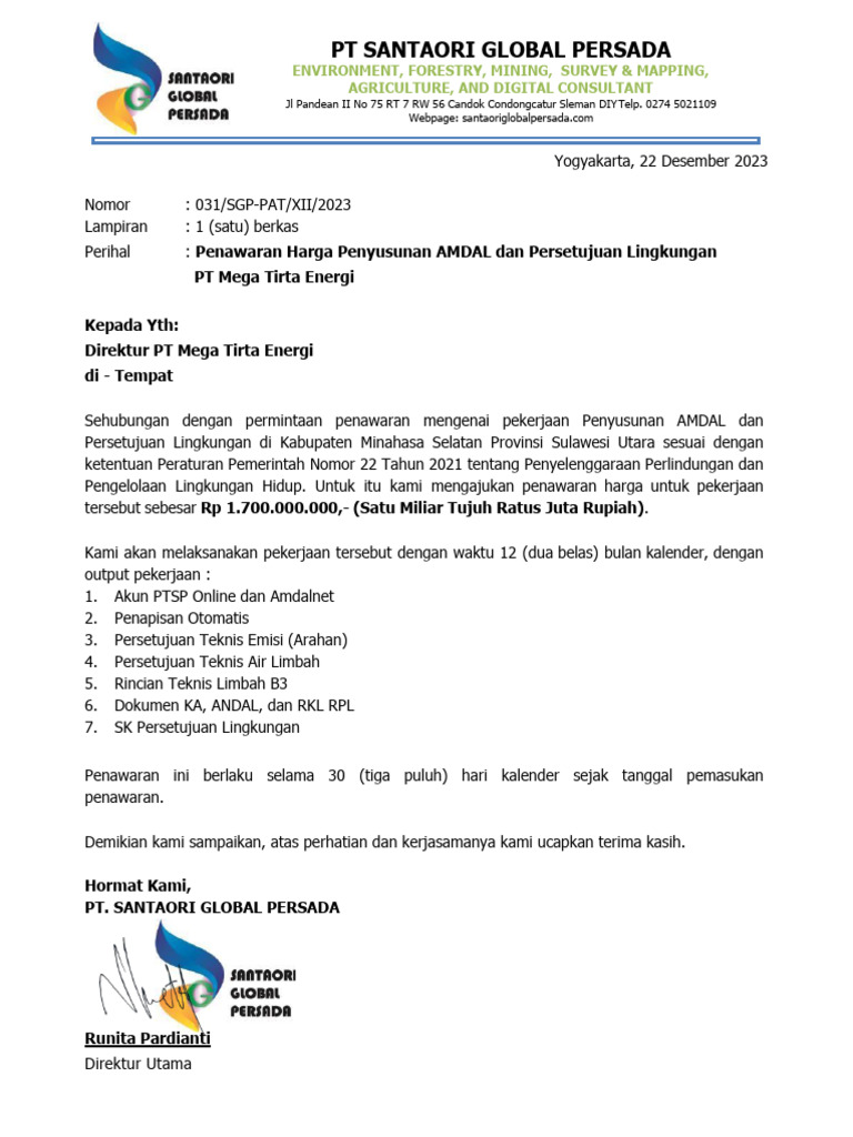 Surat Penawaran Penyusunan AMDAL Dan Persetujuan Lingkungan | PDF | Griya & Taman