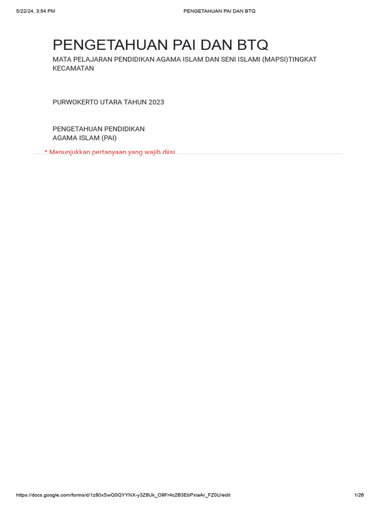 Pengetahuan Pai Dan BTQ - Google Formulir | PDF
