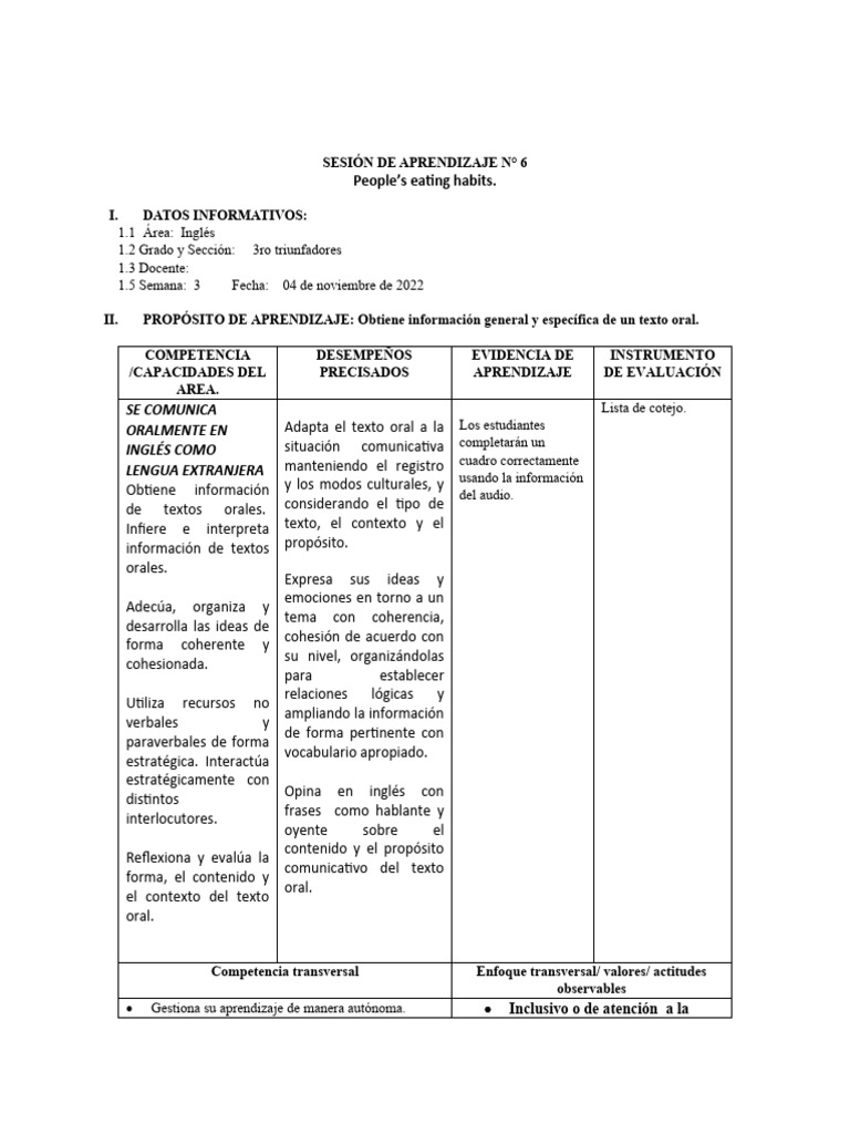 SESIÓN DE APRENDIZAJE N 6 | PDF | Aprendizaje | Evaluación