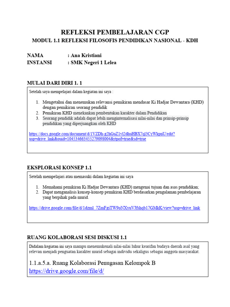 Refleksi Pembelajaran Modul 1.1. CGP - Ana Kristiani | PDF