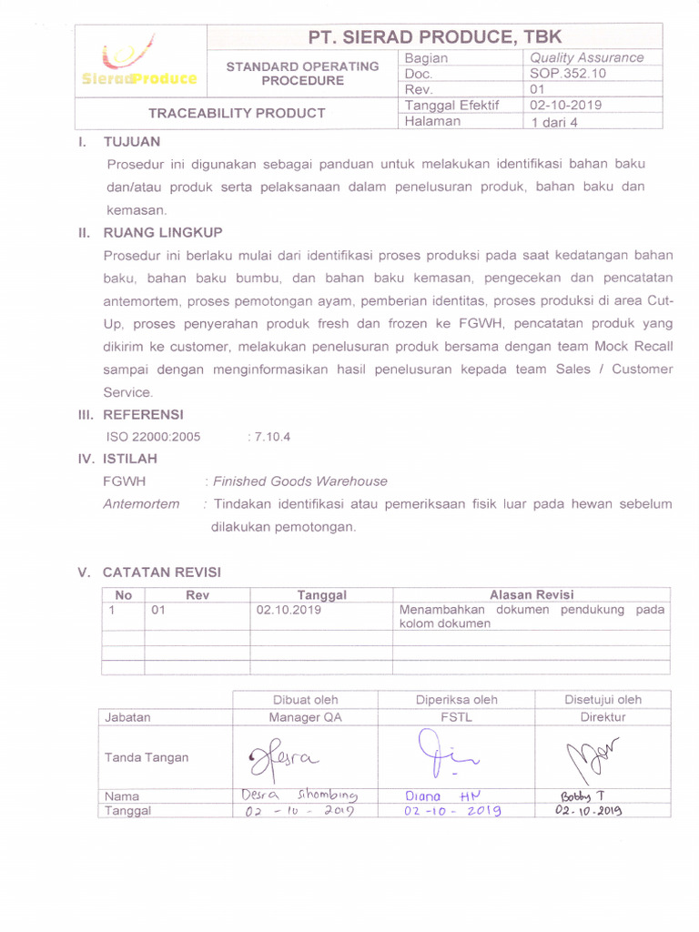 Sop.352.10 Traceability Product | PDF