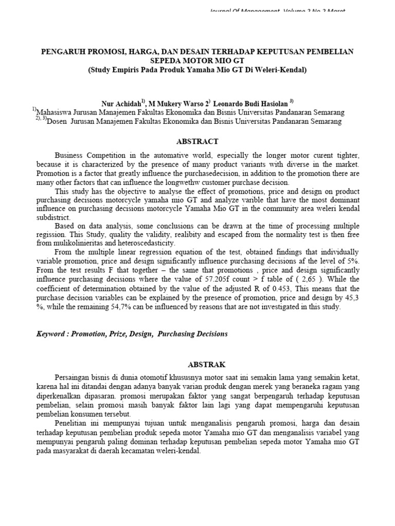 Pengaruh Promosi, Harga, Dan Desain Terhadap Keputusan Pembelian Sepeda Motor Mio GT (Study ...