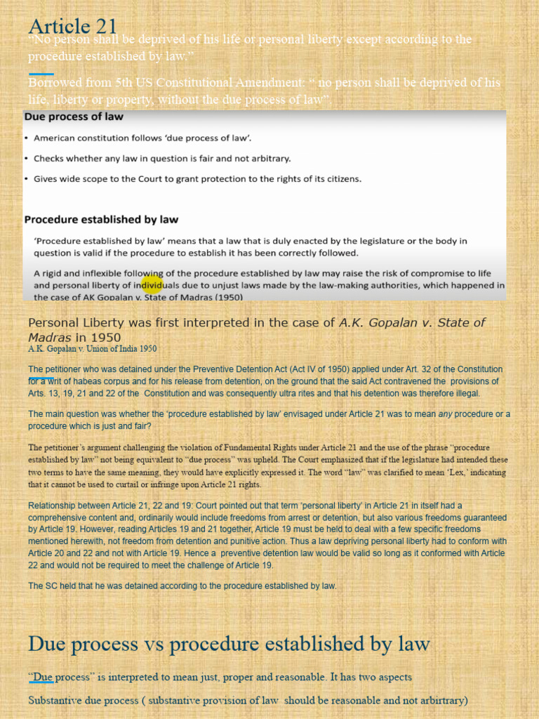 Art 21 of The Indian Constitution | PDF | Public Law | Legal Documents