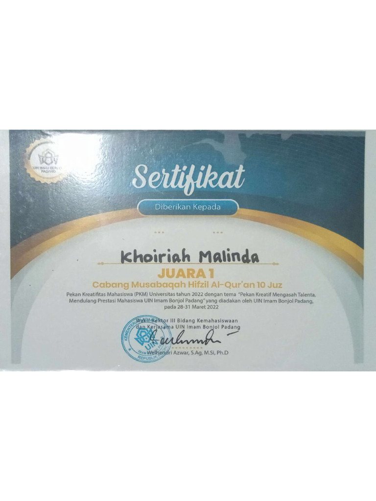 Sertifikat Tahfidz Khoiriah Dan Sertifikat Pendukung Compressed
