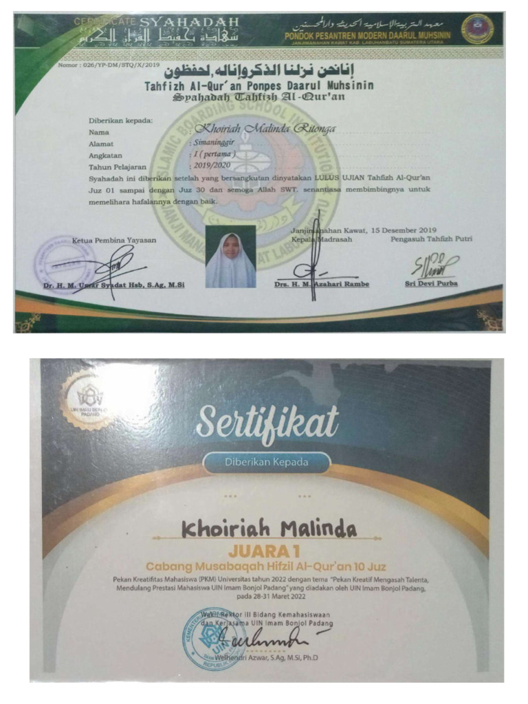 SERTIFIKAT TAHFIDZ KHOIRIAH DAN SERTIFIKAT PENDUKUNG - Compressed | PDF