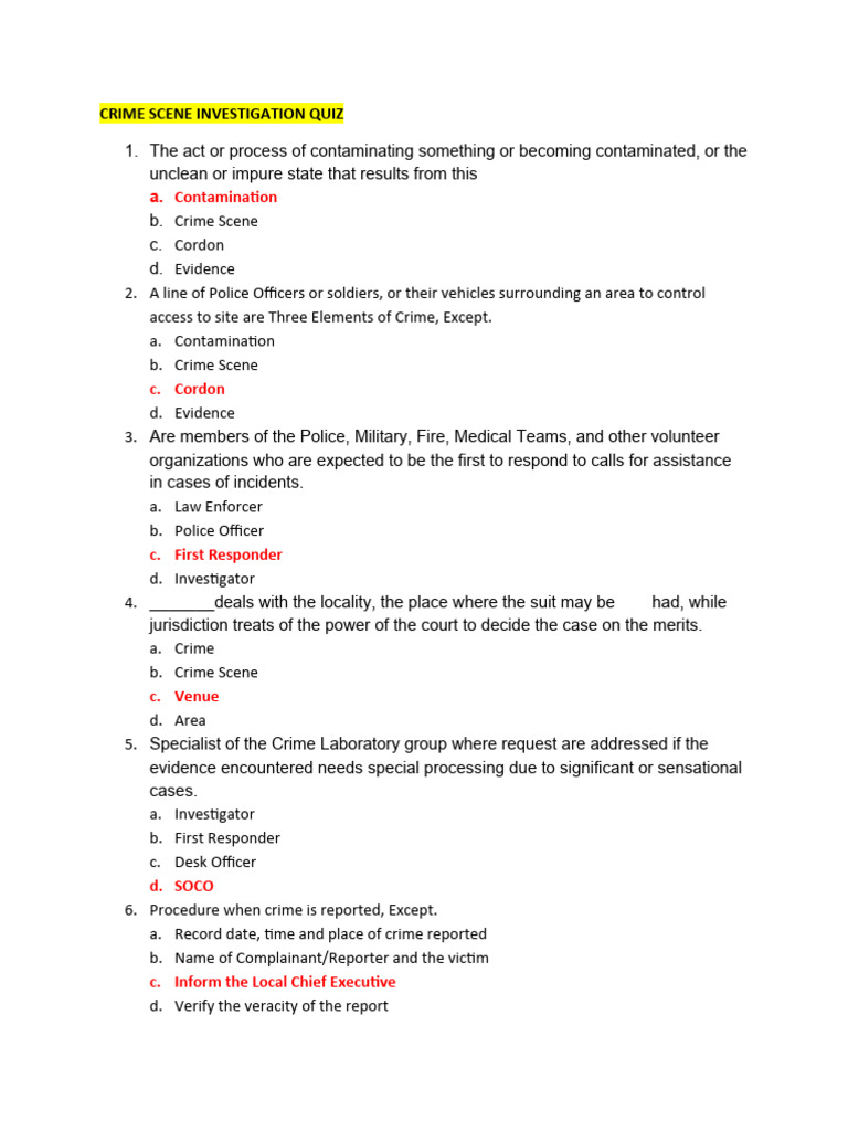 Crime Scene Investigation Quiz Guide | PDF | Crime Scene | Crime & Violence