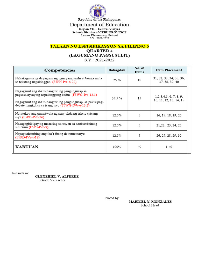 Especificaciones y Clave Filipino 5 | PDF