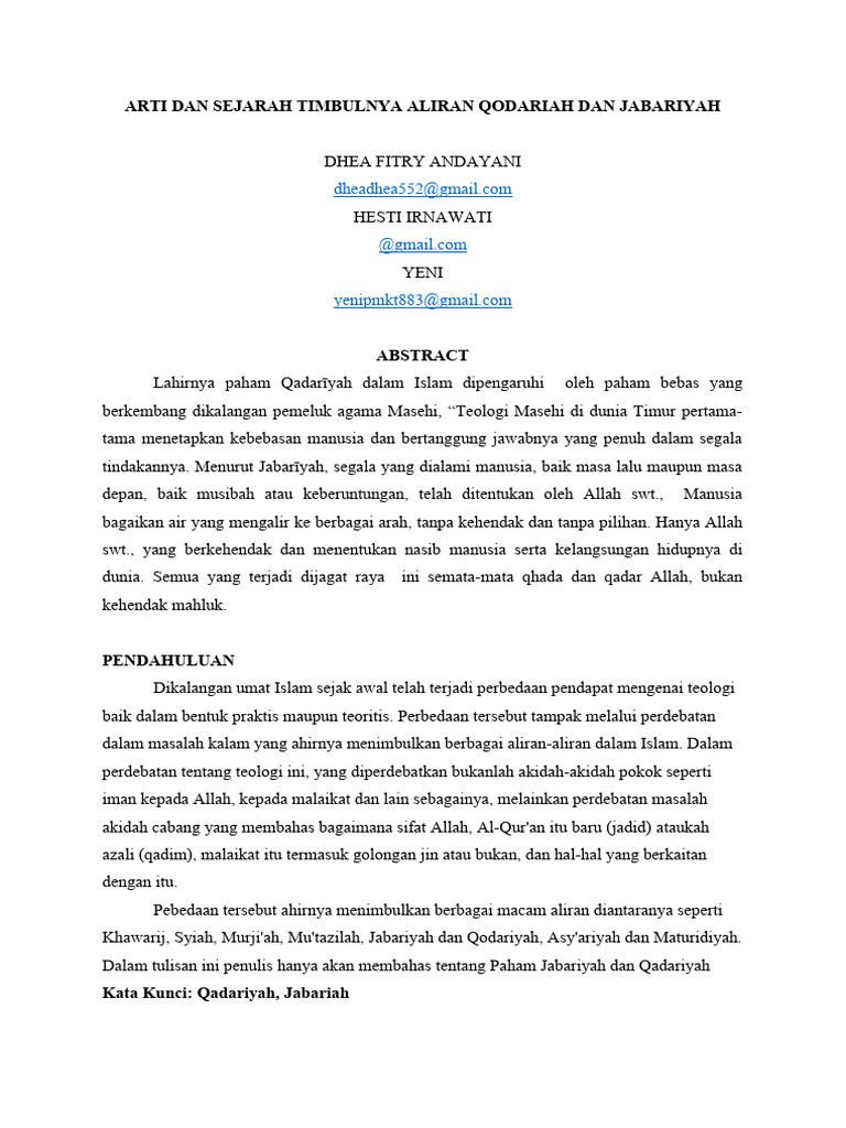 Arti Dan Sejarah Timbulnya Aliran Qodariah Dan Jabariyah | PDF