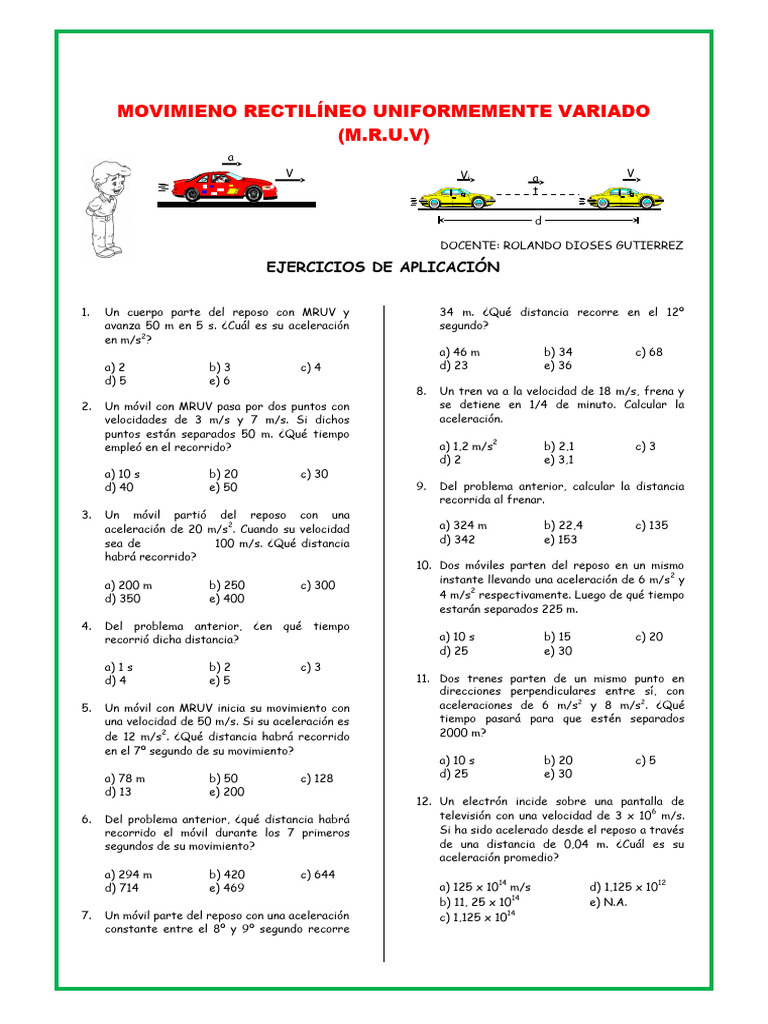 Problemas de MRUV para Quinto Grado de Secundaria | PDF | Velocidad | Aceleración