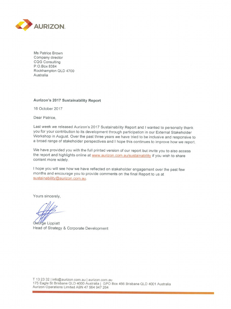 Aurizon Letter | PDF