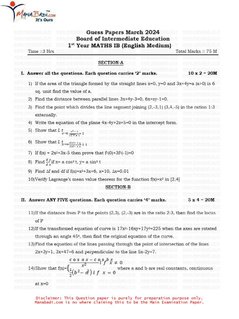 Inter 1st Year Mathematics IB (English Medium) 2024 Guess Paper | PDF ...