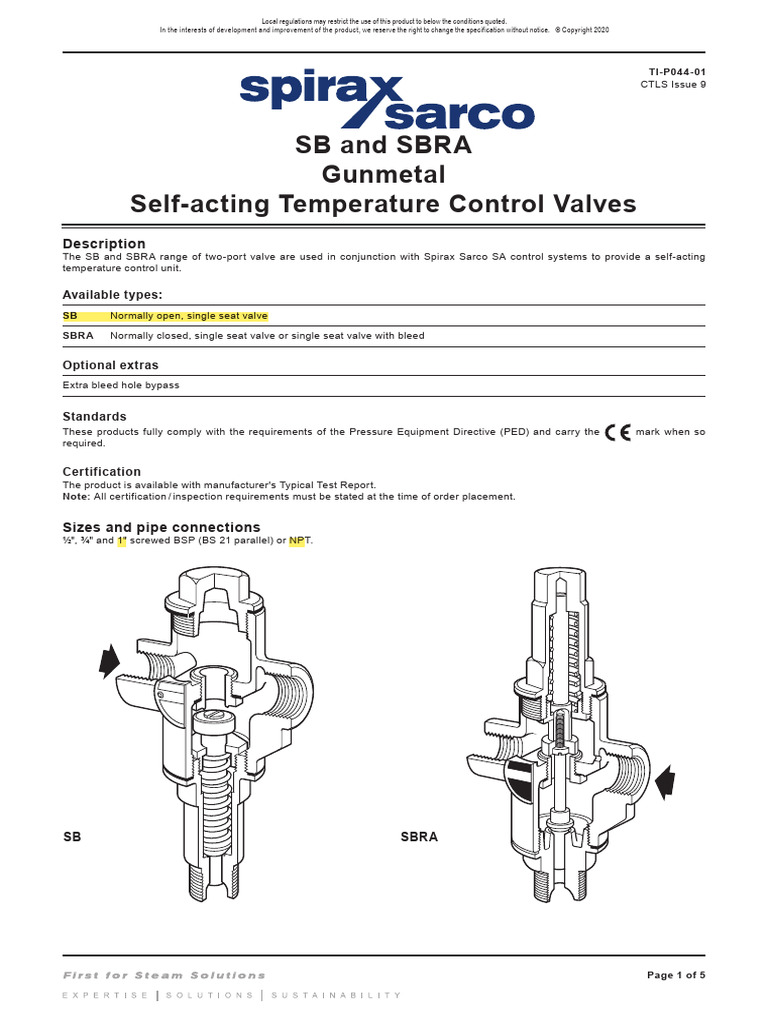 SB and Sbra Gunmetal Self-Acting Temperature Control Valves ...