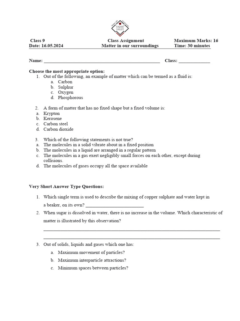 Grade 9 Assignment States of Matter PVT | PDF | Gases | Liquids