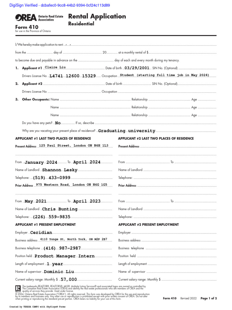 410 Rental Application - Residential 1 - OREA TRREB | PDF | Property ...