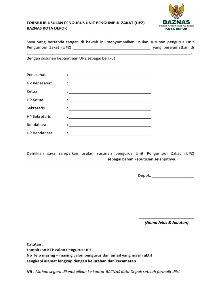 Usulan Pengurus UPZ BAZNAS Depok | PDF