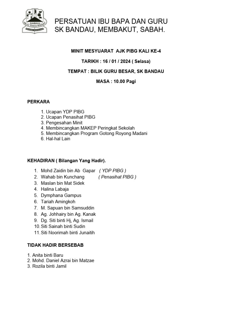 Minit Mesyuarat Ajk Pibg Kali Ke 2 | PDF